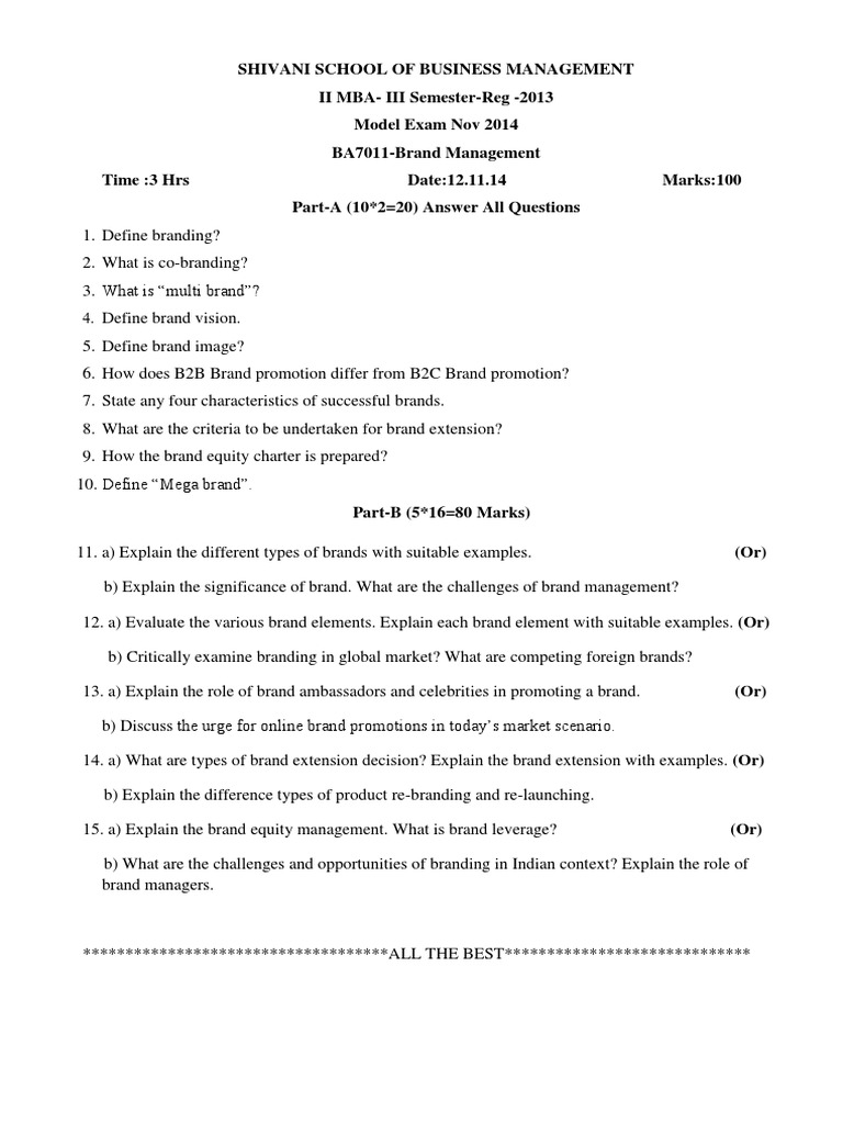 MBA Brand Management Model Exam 2014 | PDF