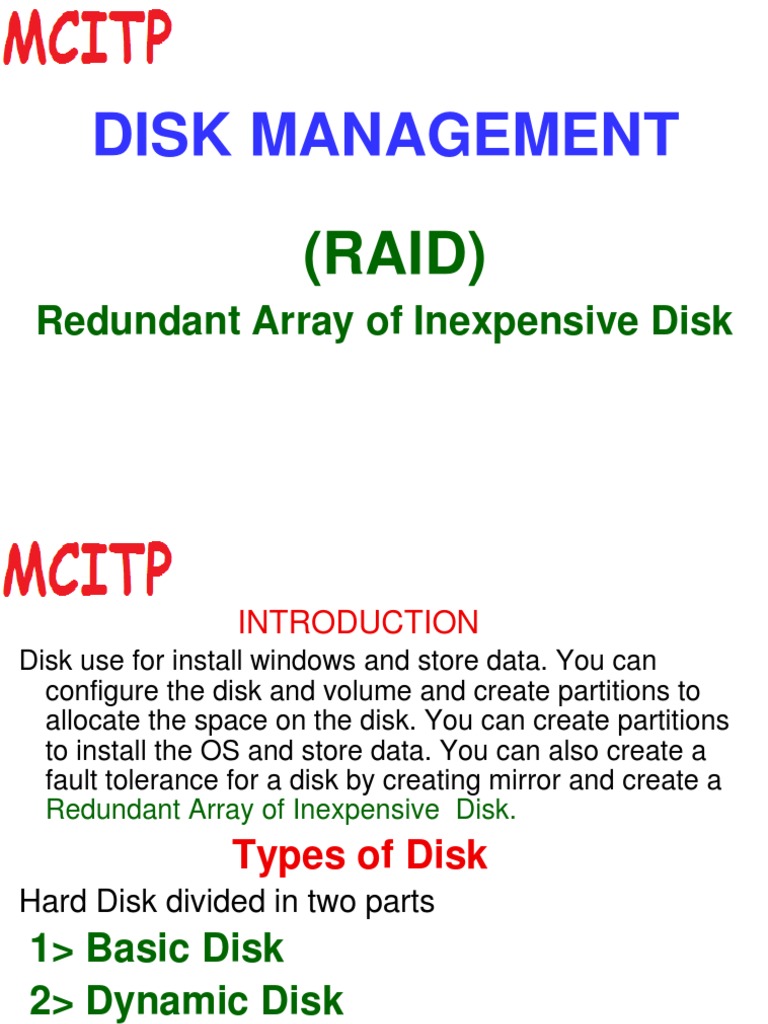Disk Management: (RAID) | PDF | Classes Of Computers | Information Storage