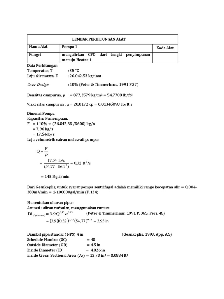 Lembar Perhitungan Alat - Cpo | PDF