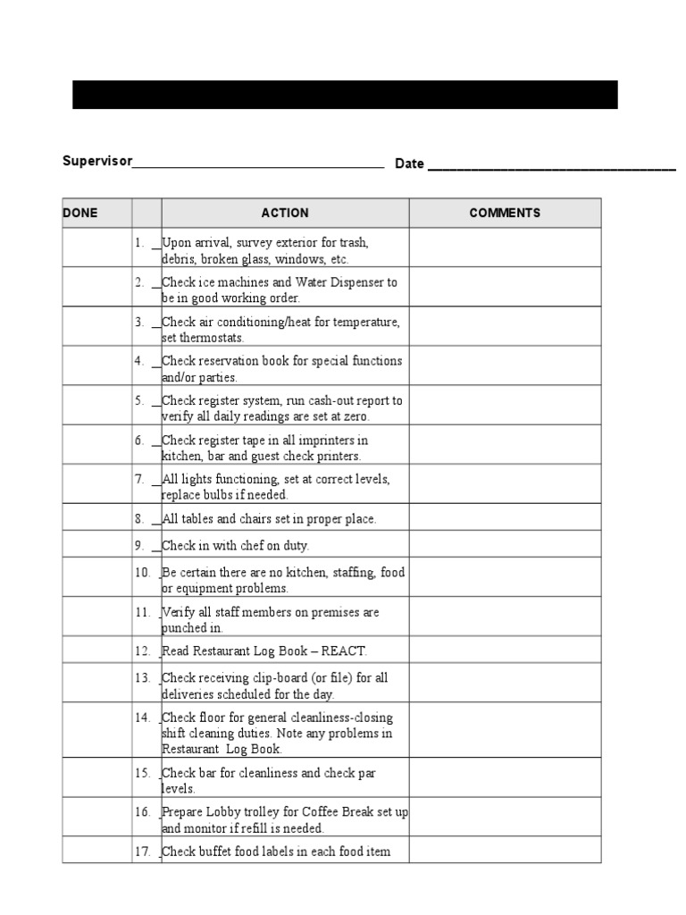 Restaurant Opening Checklist | PDF | Restaurants | Restaurant And Catering