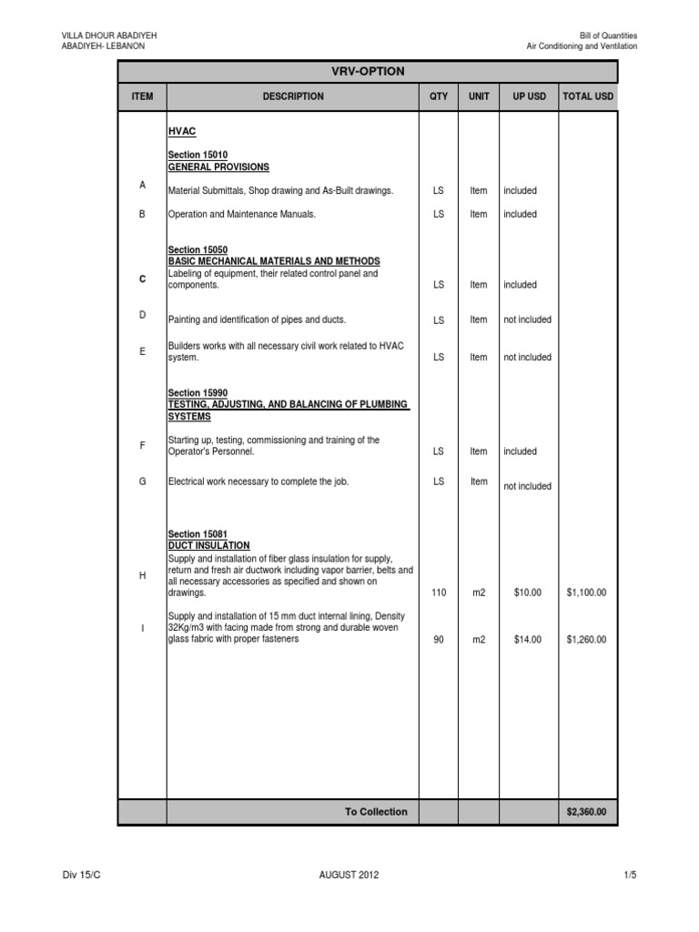 Boq VRV | PDF | Duct (Flow) | Hvac