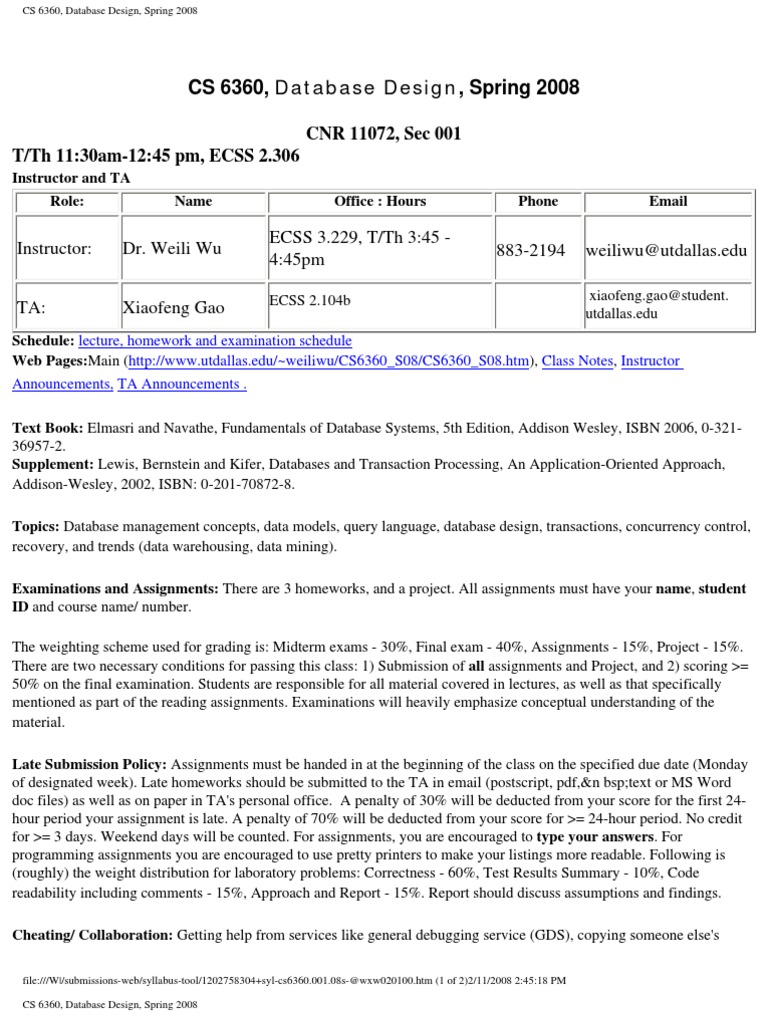 CS 6360 Database Design Syllabus | PDF | Homework | Databases