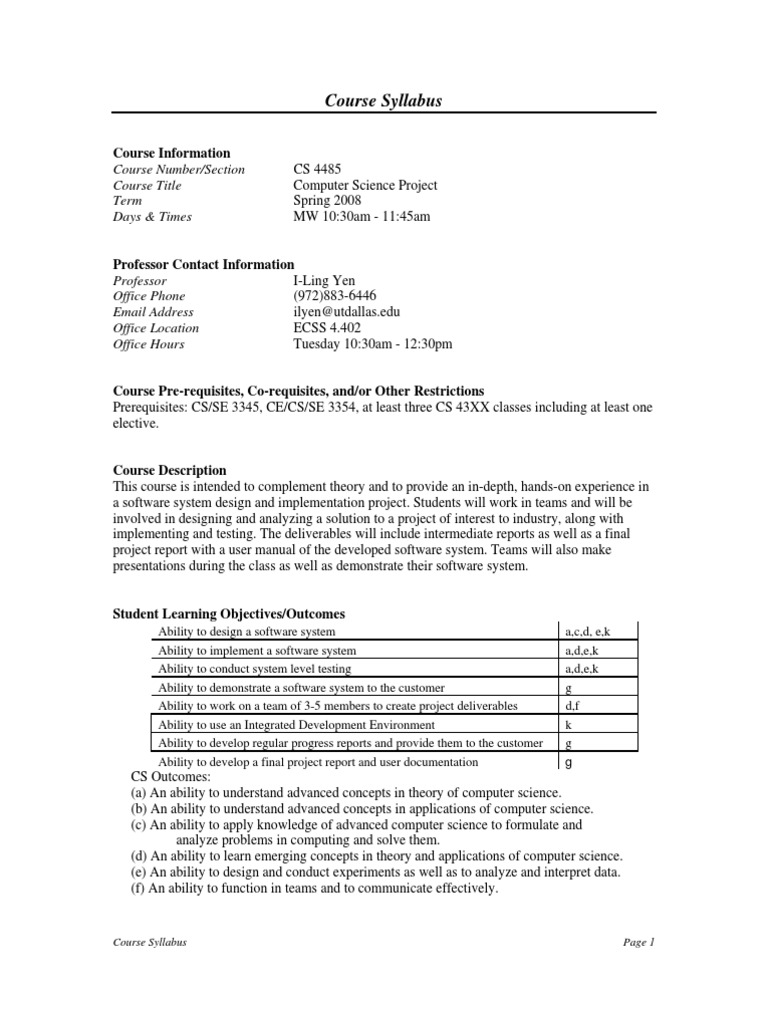 CS 4485 Computer Science Project Syllabus | PDF | Academic Dishonesty ...