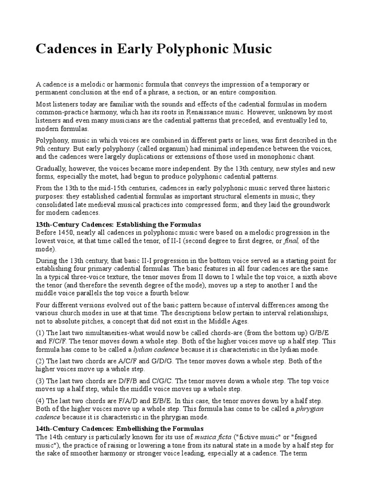 Early Polyphonic Cadences Explained | PDF | Mode (Music) | Chord (Music)