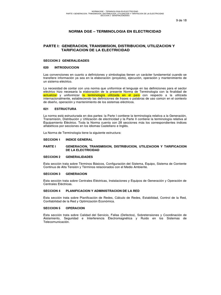 Norma DGE Terminologia en Electricidad | PDF | Red eléctrica | Energia electrica
