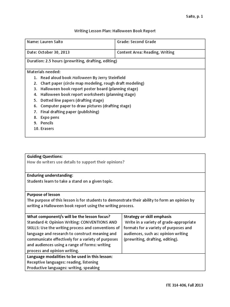 Halloween Book Report Lesson Plan | PDF | Educational Assessment ...
