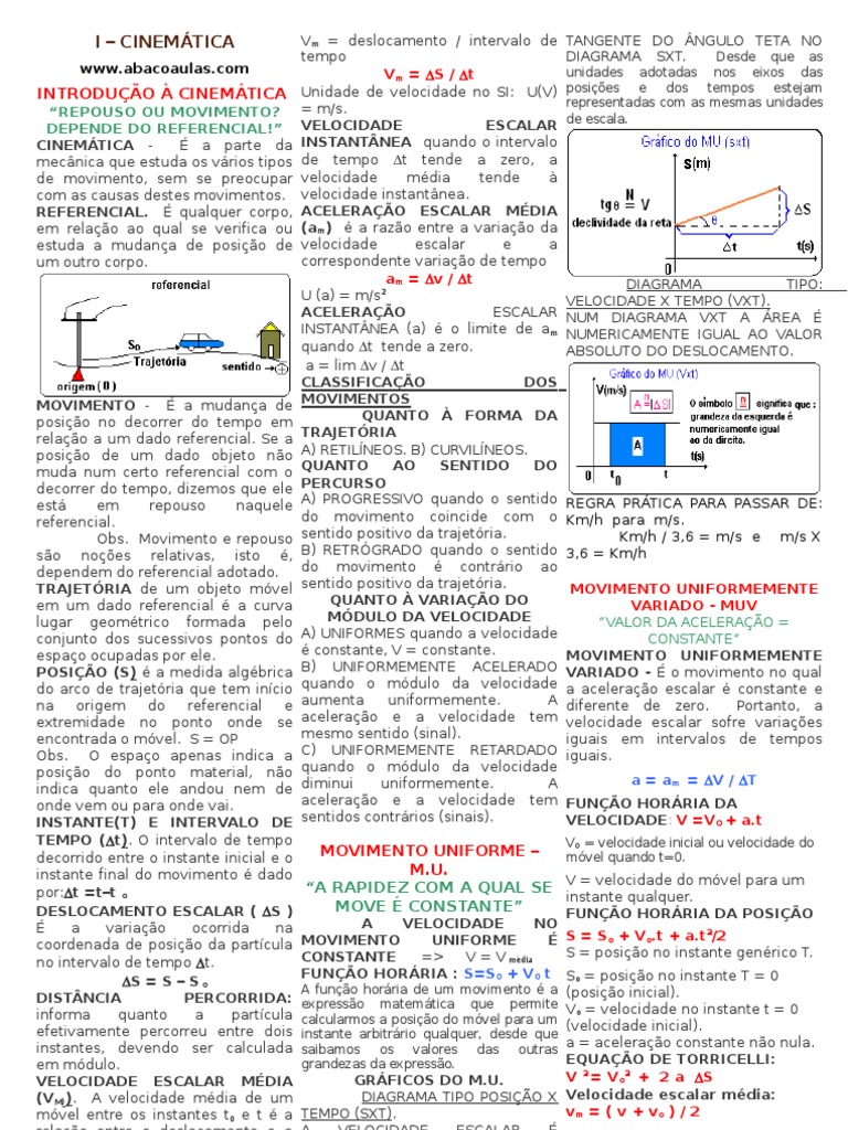 Cinematica Resumo | PDF | Velocidade | Deslocamento (vetor)