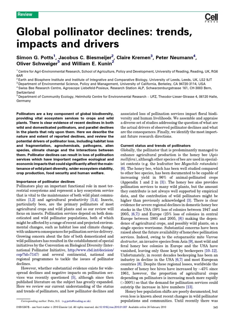 Potts Et Al 2010-TREE-Pollinator Decline | PDF