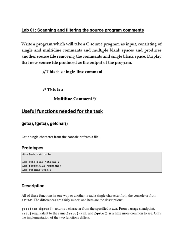 Useful Functions Needed For The Task: Lab 01: Scanning and Filtering The Source Program Comments ...