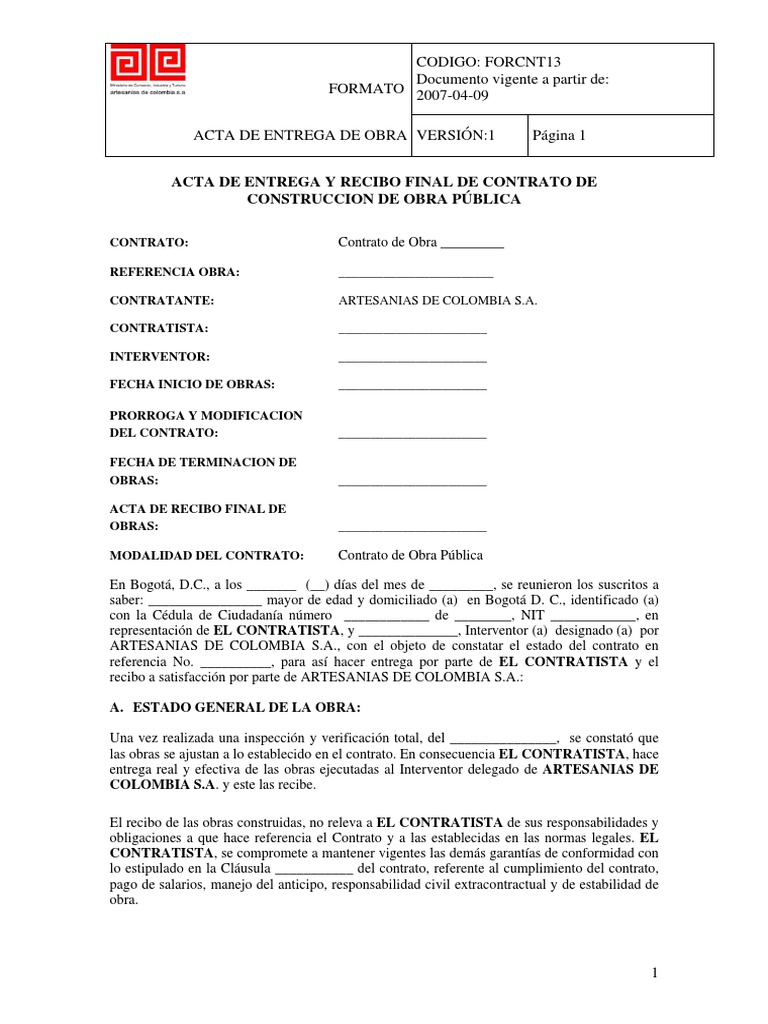 Formato de Acta de Recibo de Obra | PDF