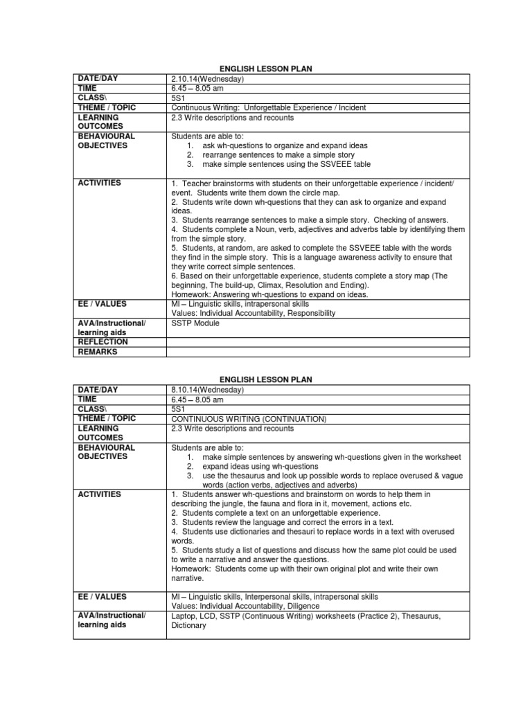 English Lesson Plan Form 5 SSTP Module PDF Lesson Plan Question