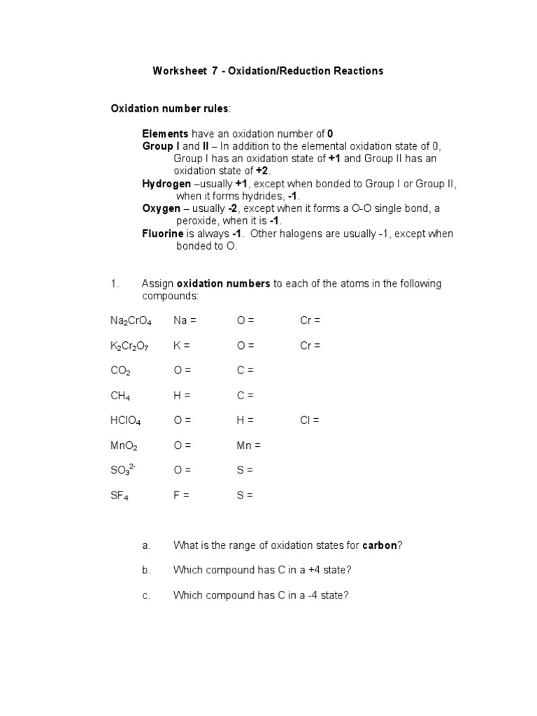 Oxidation/Reduction Reactions Worksheet | PDF | Redox | Chemical Reactions
