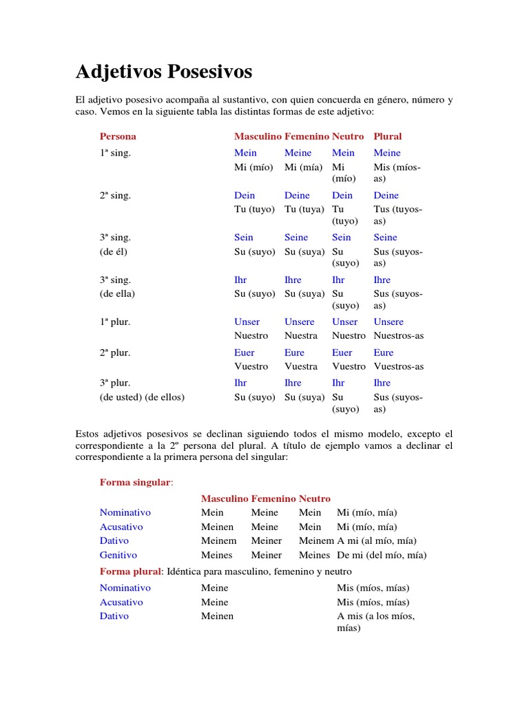 Adjetivos Posesivos Alemán | Adjetivo | Plural