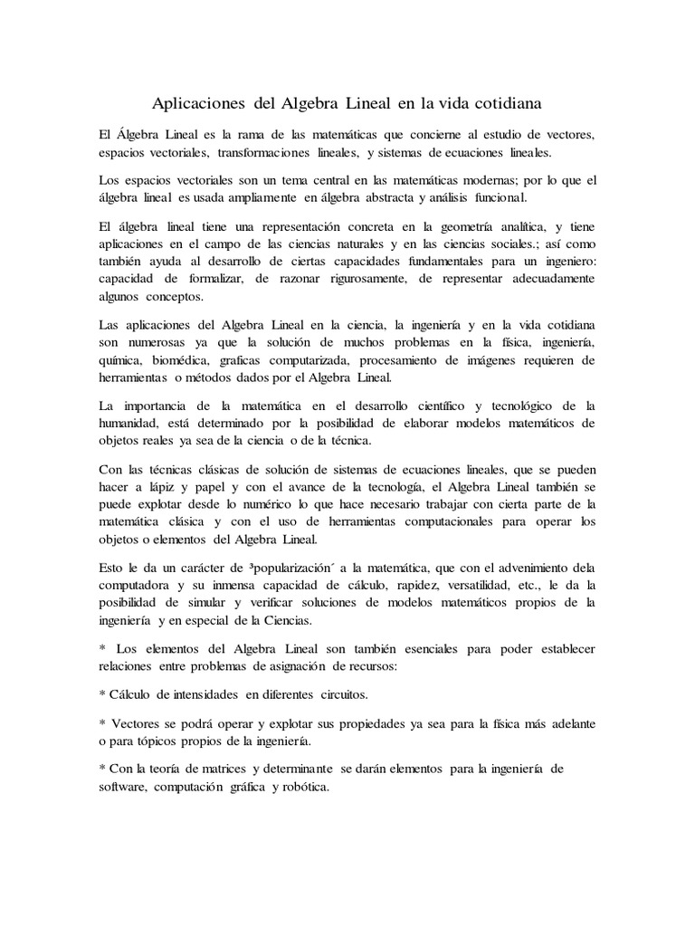 Aplicaciones Del Algebra Lineal en La Vida Cotidiana | PDF | Álgebra lineal | Álgebra