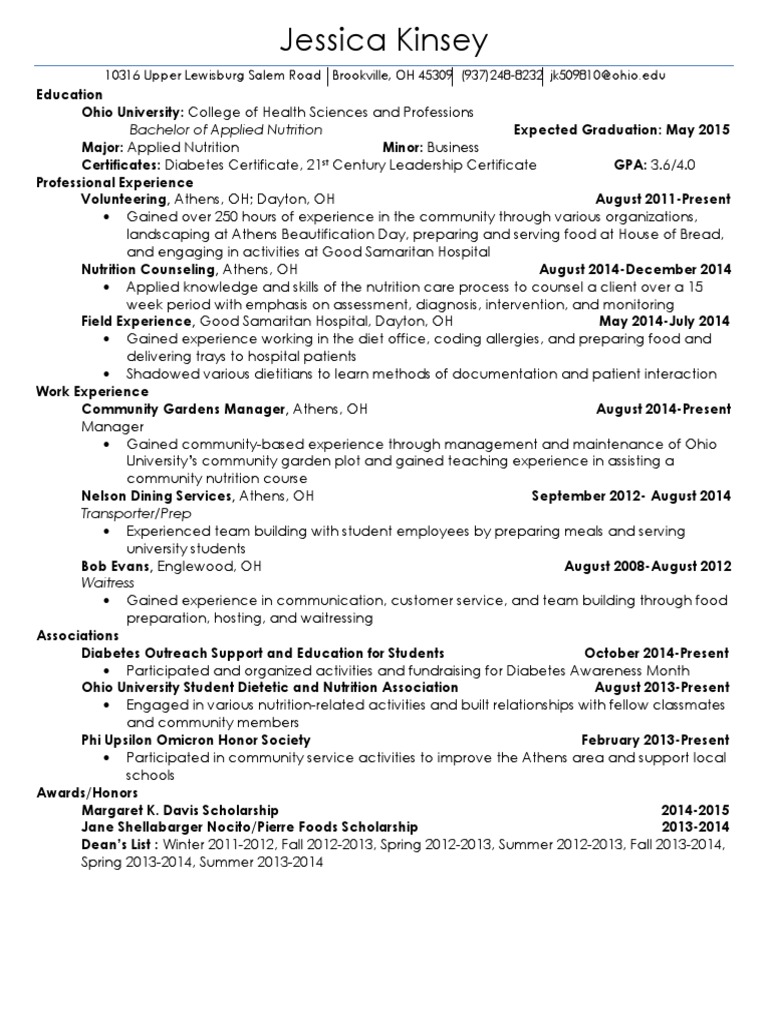 Jessica Kinsey's Nutrition Resume | PDF