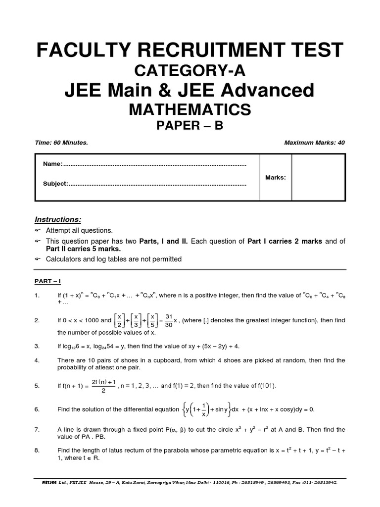 Cat-A Jee Main, Jee Advanced Maths Paper B | PDF