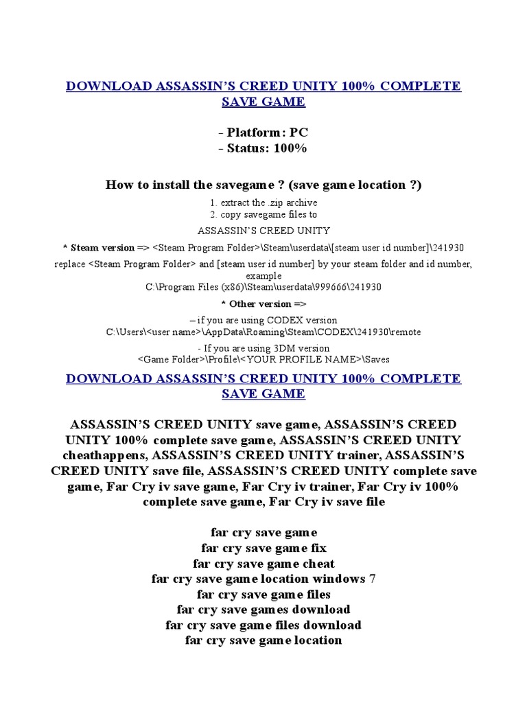 ASSASSIN'S CREED UNITY 100% Complete Save Game PC | PDF | Computer File ...