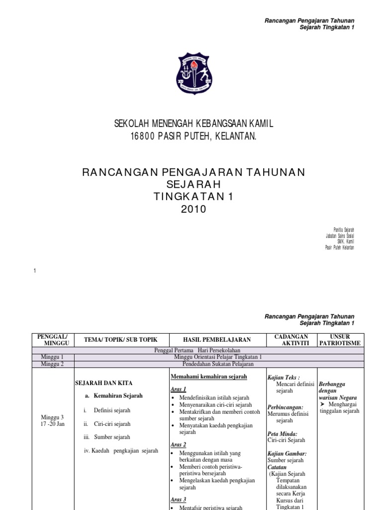 Rancangan Pengajaran Tahunan Sejarah Tingkatan 1 | PDF