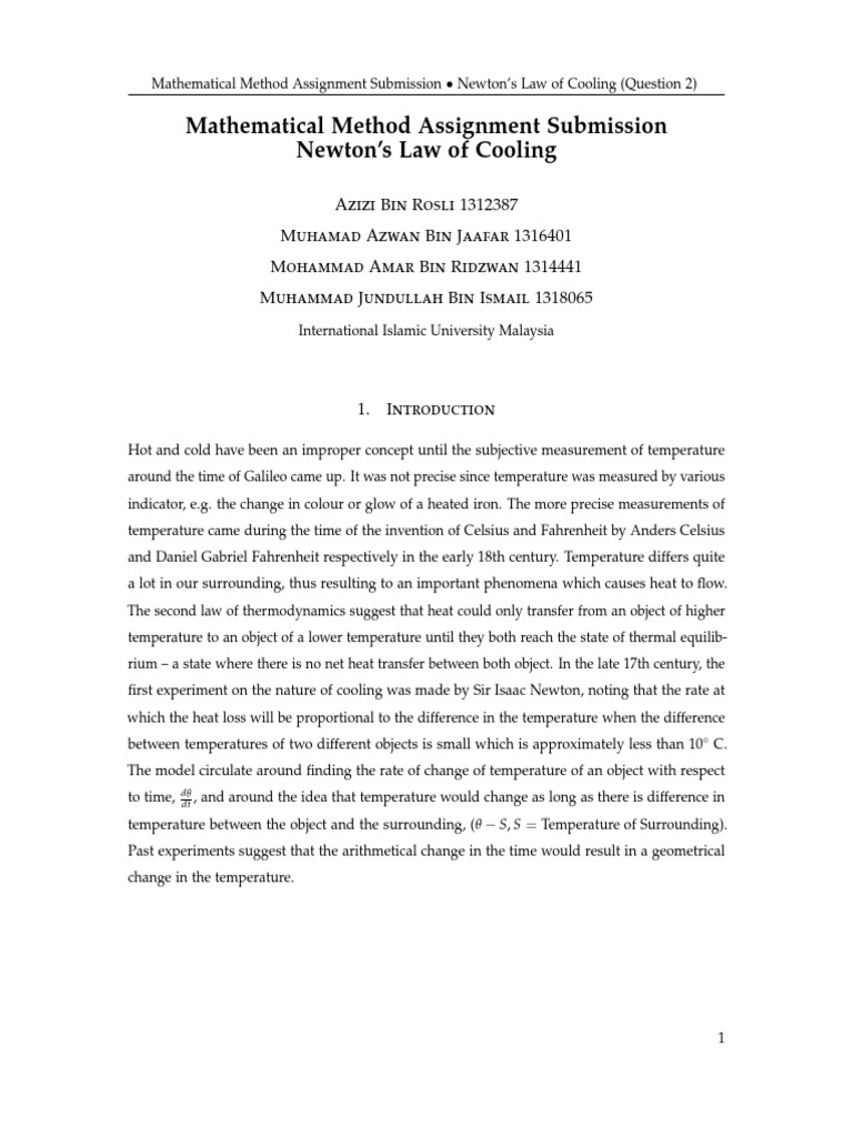 Newton Law of Cooling Assignments Mathematical Methods | PDF ...