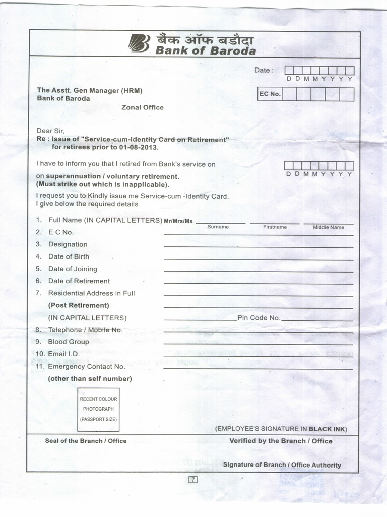 Bank of Baroda Retirement ID Card Request | PDF | Finance & Money ...