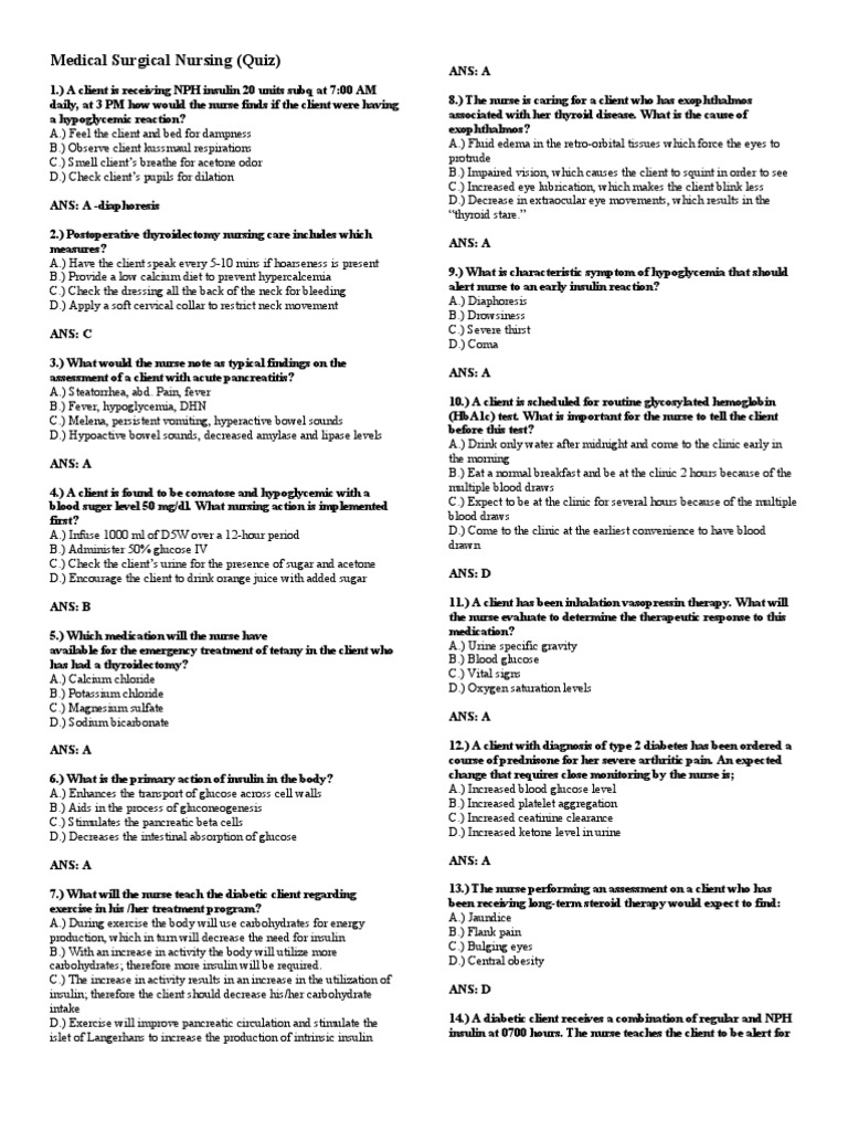Medical Surgical Nursing Quiz Questions | PDF | Science & Mathematics