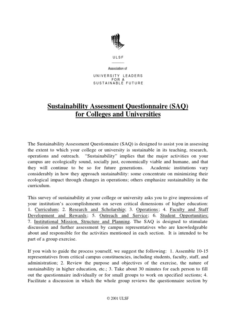 Sustainability Assessment Questionnaire (SAQ) | PDF | Sustainability ...