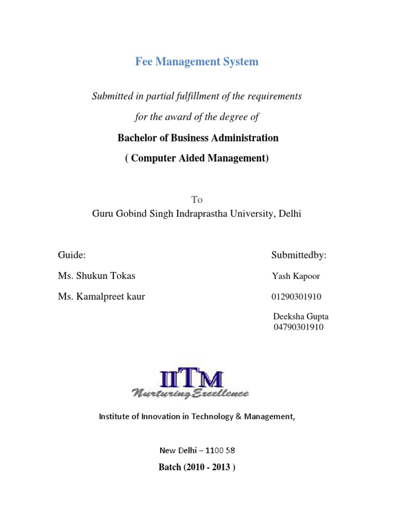 Fee Management System: Submitted in Partial Fulfillment of The ...