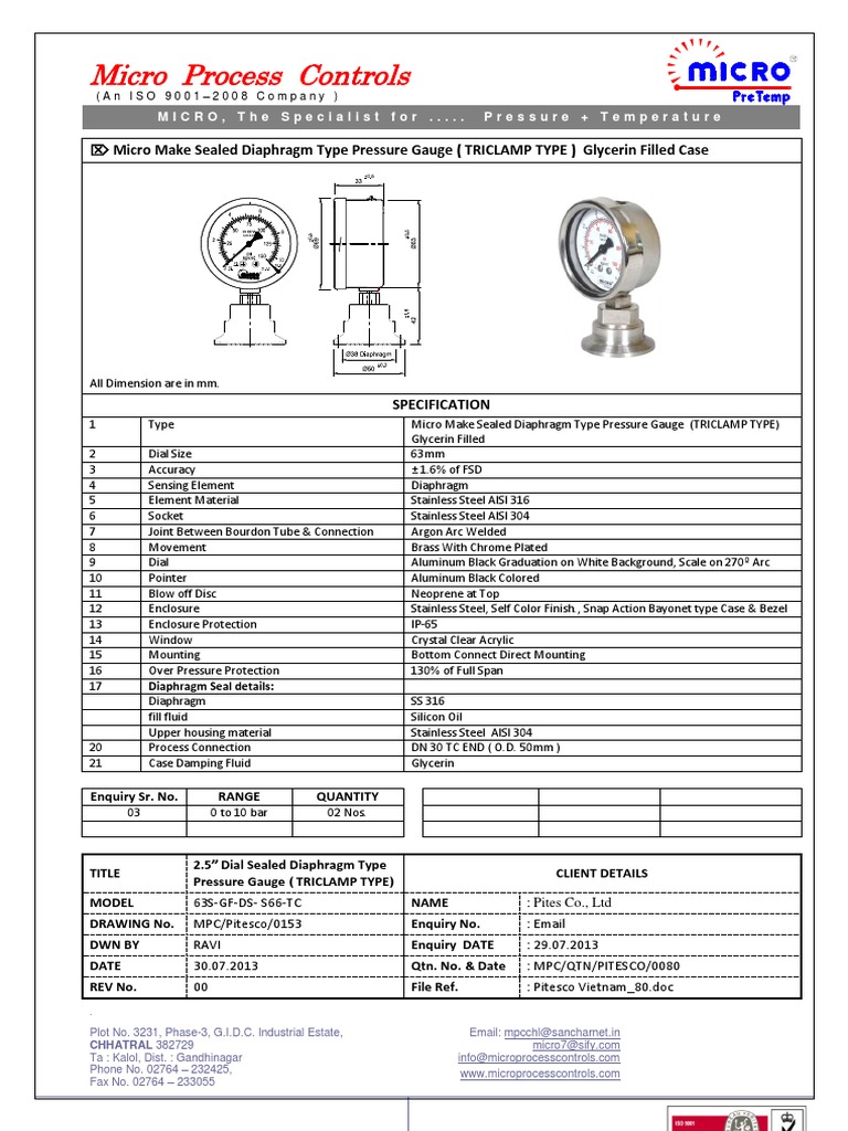 Micro Process Controls: Micro Make Sealed Diaphragm Type Pressure Gauge ...