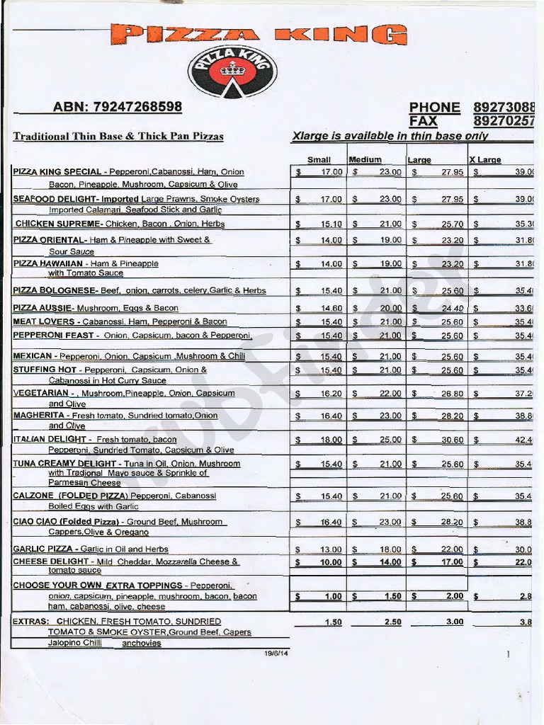 Pizza King Menu