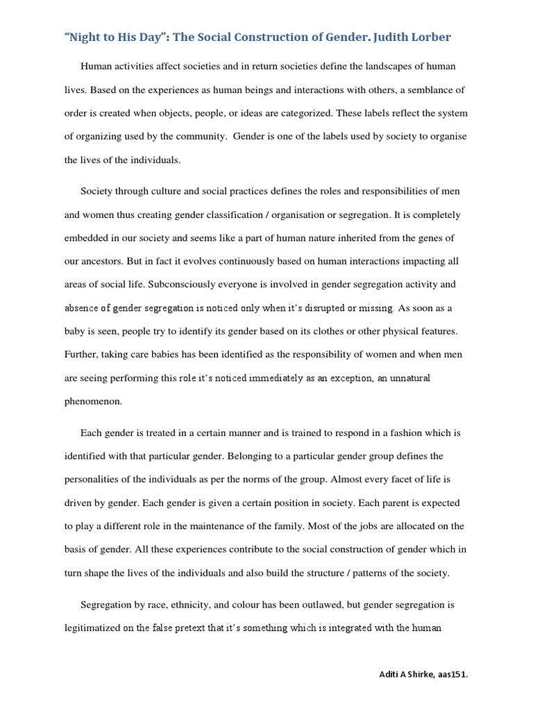 "Night To His Day": The Social Construction of Gender. Judith Lorber ...
