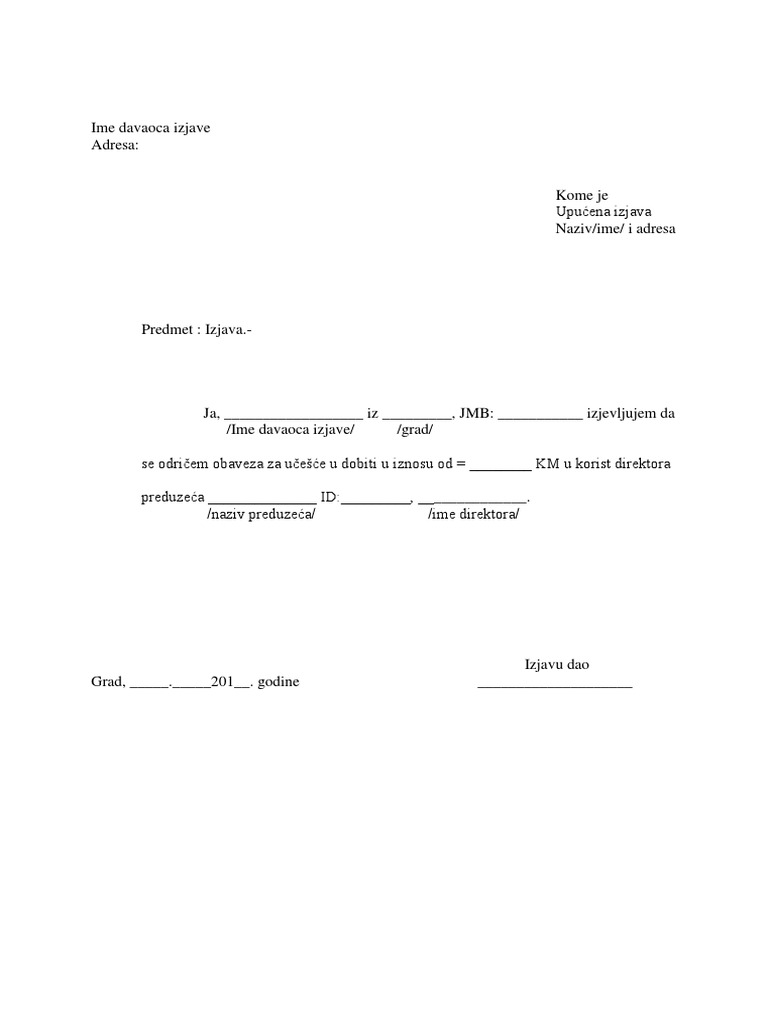 Izjava Primjer | PDF