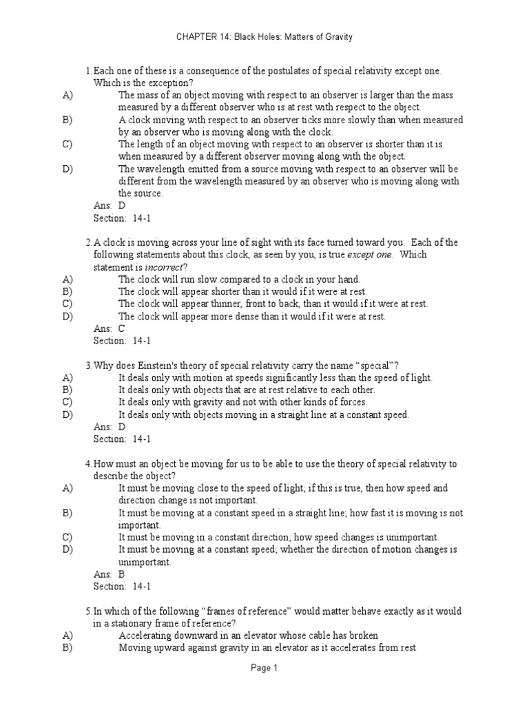 Special Relativity & Black Holes Quiz | PDF | Event Horizon | Black Hole