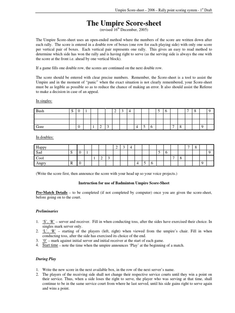 Umpire Score Sheet | Referee | Sports
