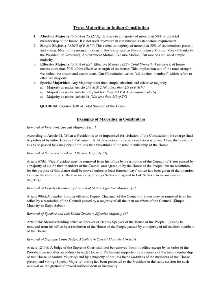 Types Majorities in Indian Constitution | PDF | Supermajority | Legal ...