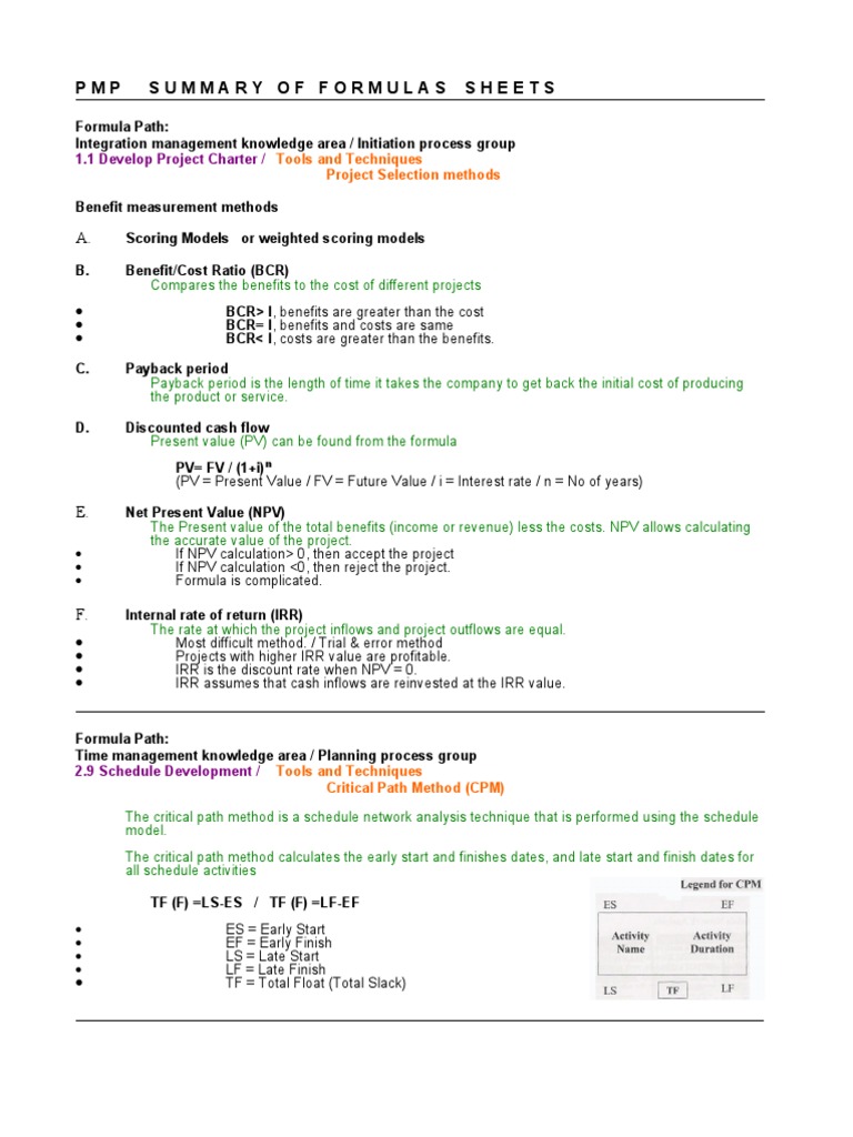 PMP Formulas | PDF | Net Present Value | Internal Rate Of Return