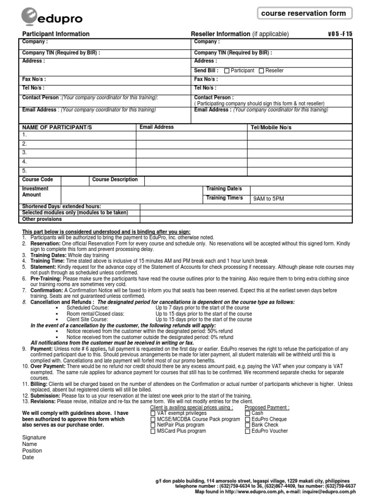 Course Reservation Form | PDF | Cheque | Payments
