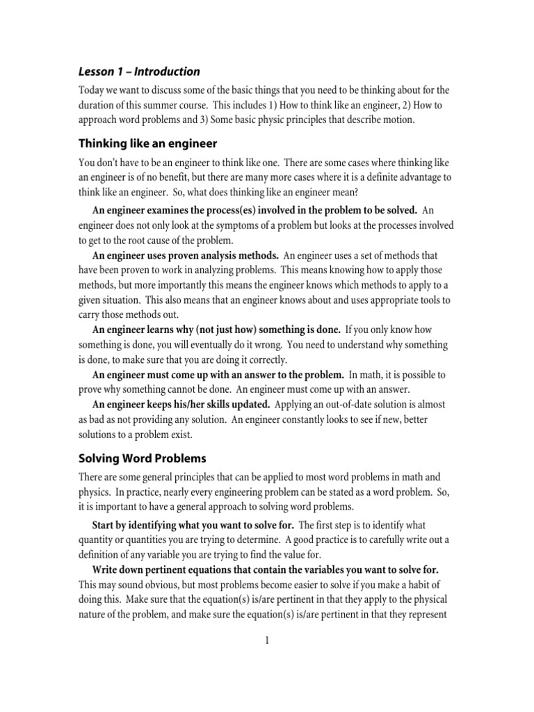 Thinking Like An Engineer: Lesson 1 - Introduction | PDF | Velocity ...