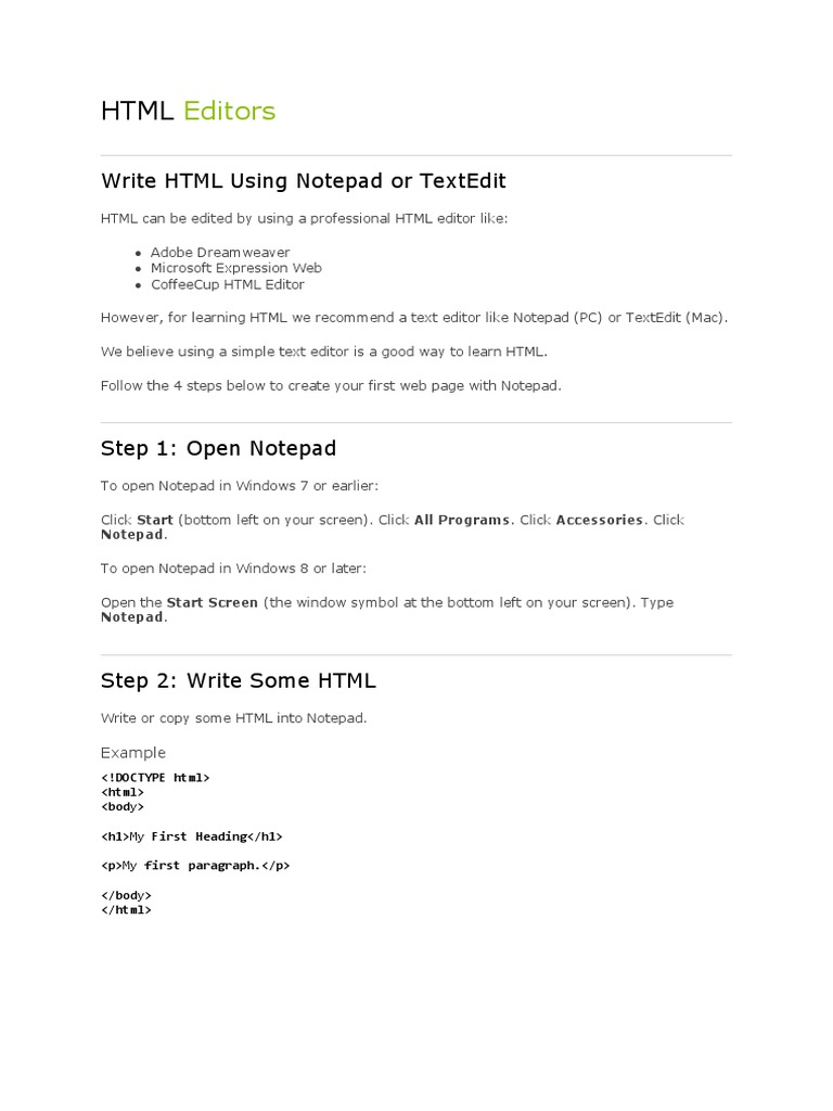 Editors: Write HTML Using Notepad or Textedit | PDF | Html Element | Html
