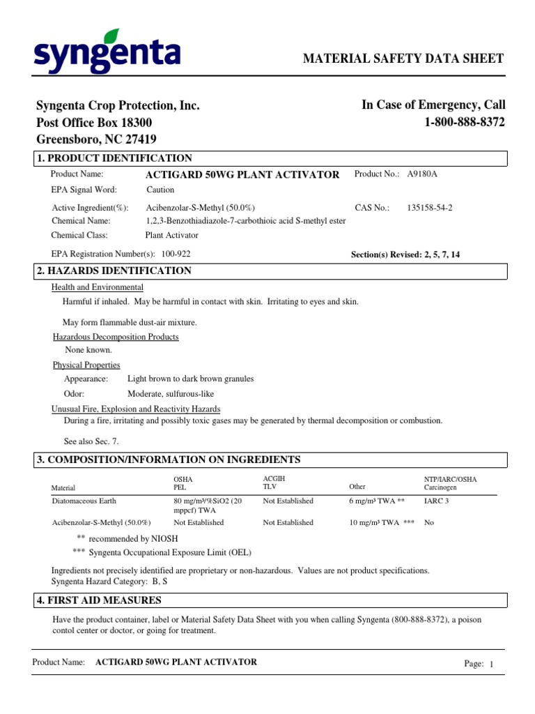 Material Safety Data Sheet: 1. Product Identification Actigard 50Wg ...