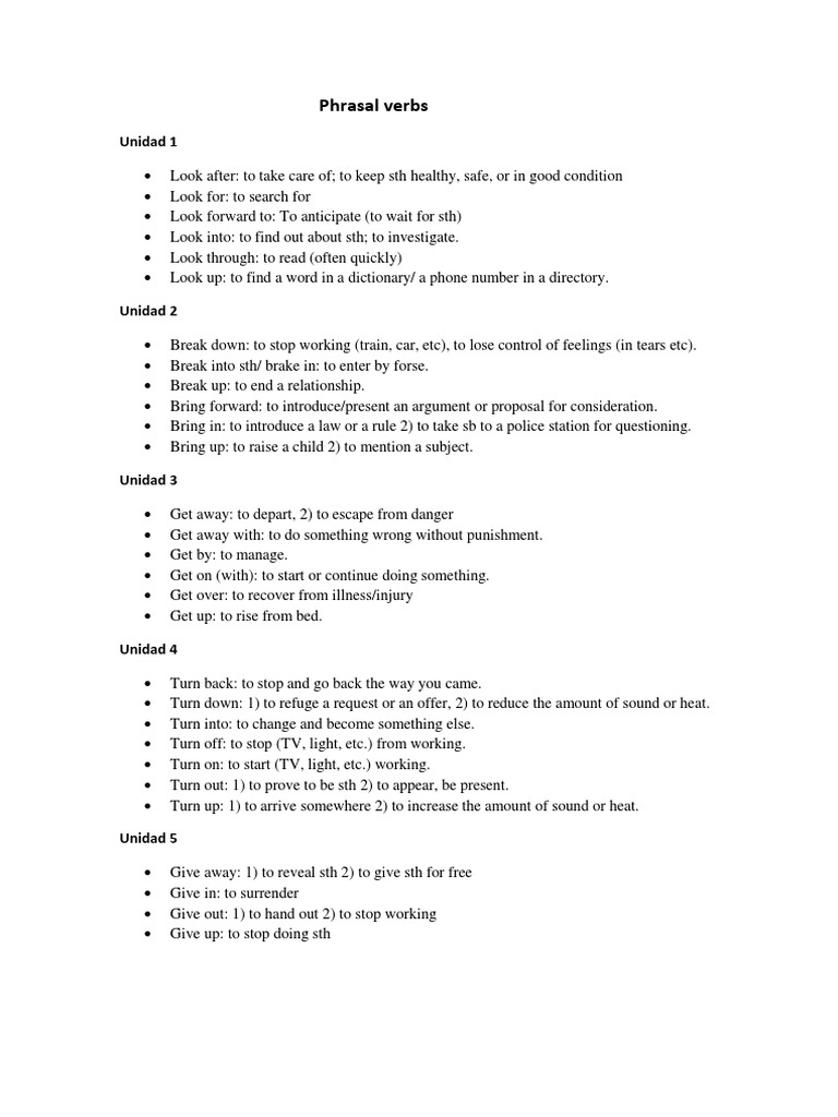 Phrasal Verbs: Unidad 1 | PDF