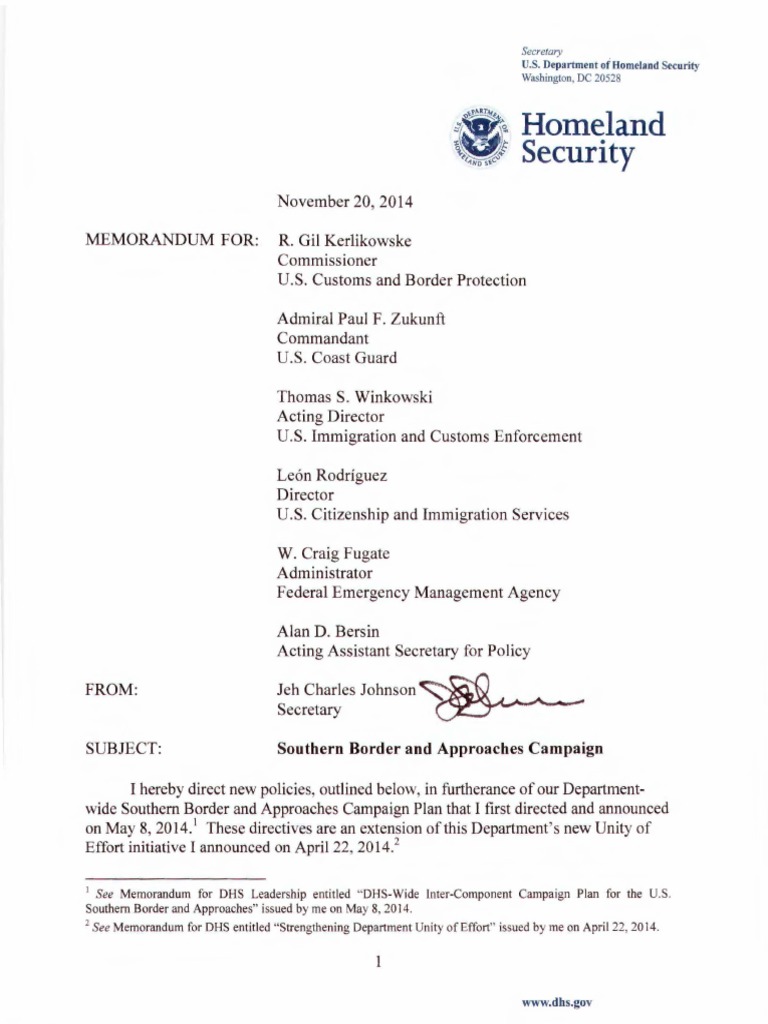 Obama Executive Action Immigration Memo On Southern Border | PDF | U.S ...