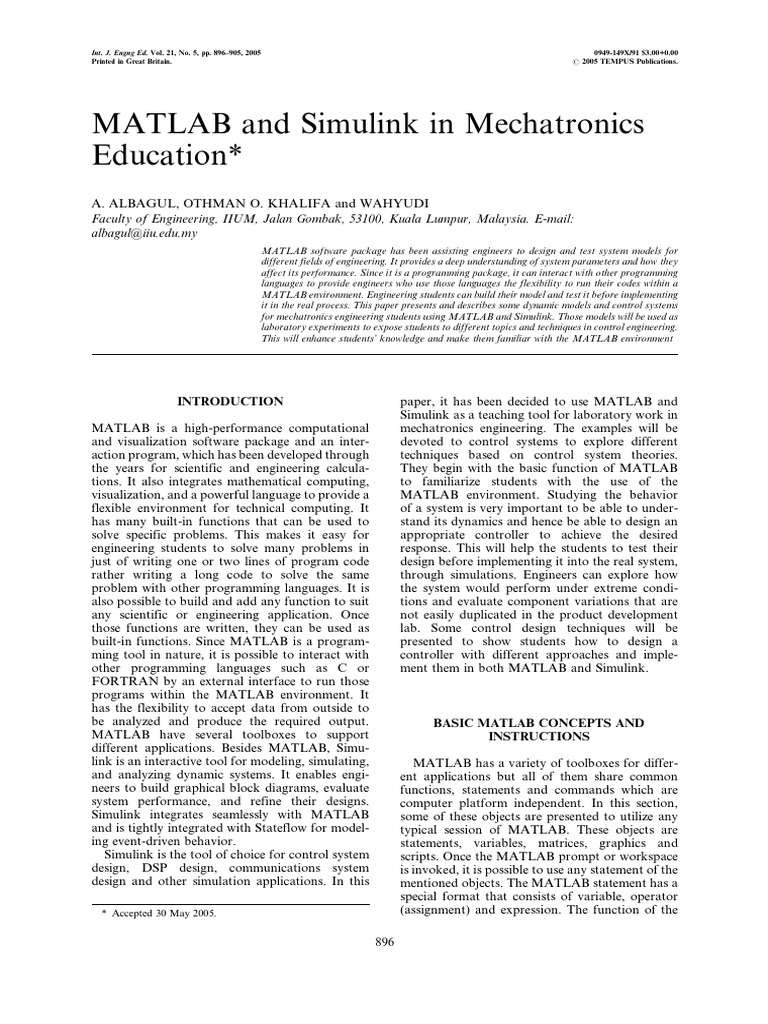MATLAB and Simulink in Mechatronics Education | PDF | Matlab | Matrix (Mathematics)