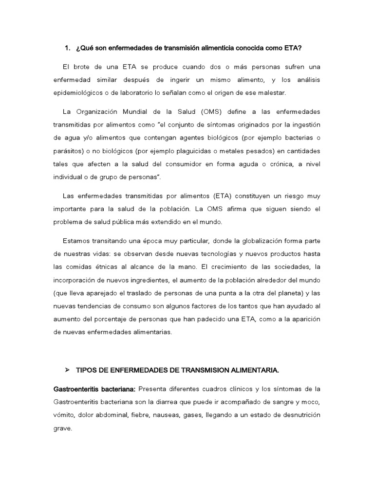 Enfermedades de Transmisión Alimentaria: Tipos y Prevención | PDF ...