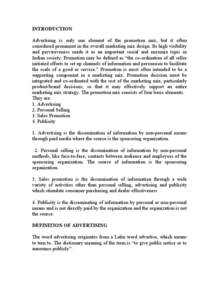 INTRODUCTION Advertising Is Only One Element of The Promotion Mix ...