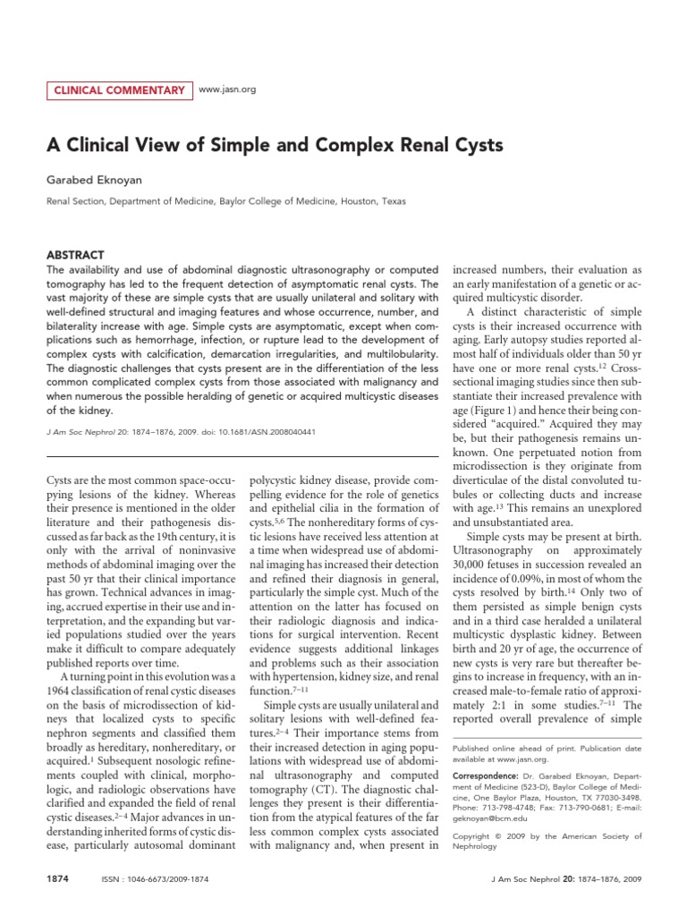 A Clinical View of Simple and Complex Renal Cysts | PDF | Kidney ...