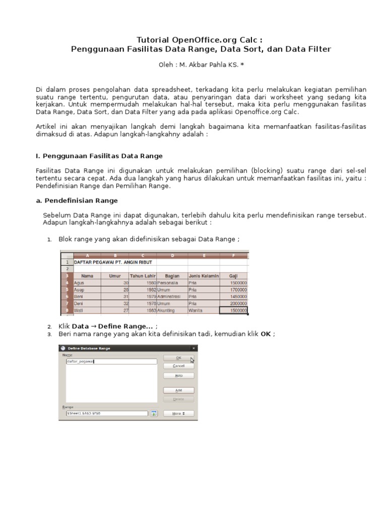 Tutorial OpenOffice - Org Calc: Penggunaan Fasilitas Data Range, Data Sort, Dan Data Filter | PDF