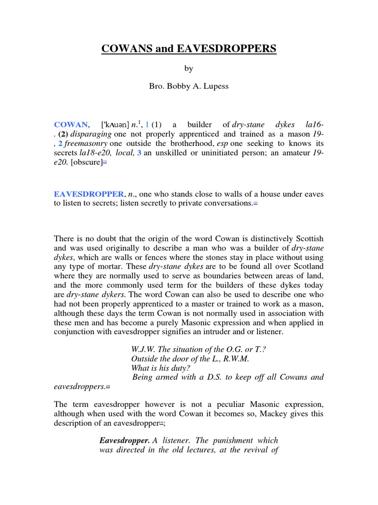 Cowans and Eavesdroppers | PDF | Freemasonry | Masonic Lodge
