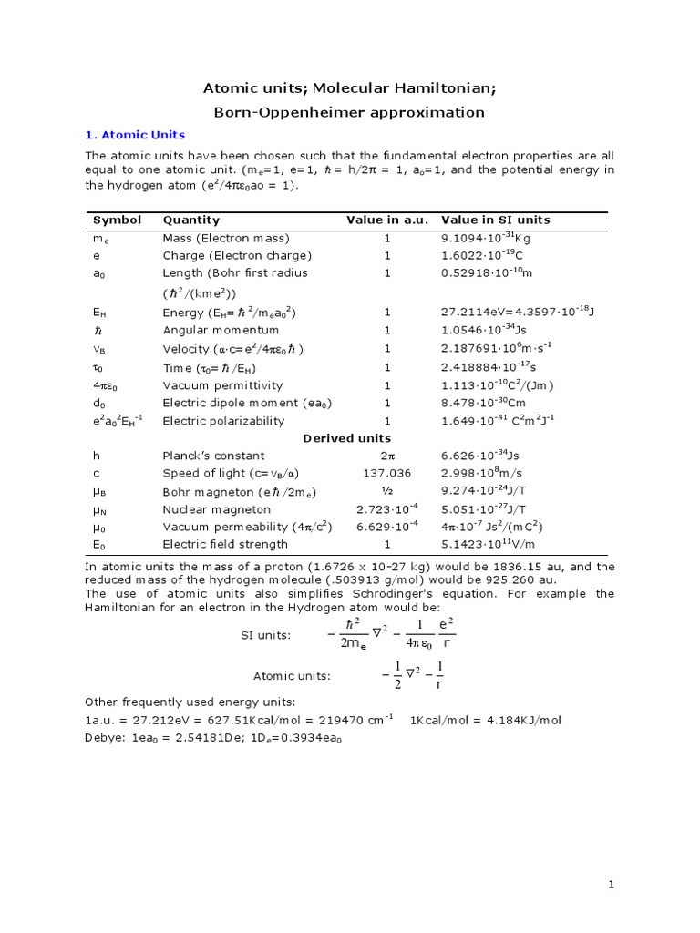 Atomic Units Molecular Hamiltonian Born-Oppenheimer Approximation | PDF ...