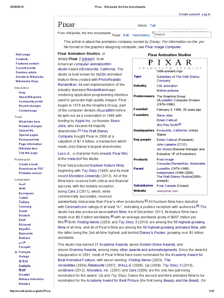 Pixar - Wikipedia, The Free Encyclopedia | PDF | Pixar | The Walt ...