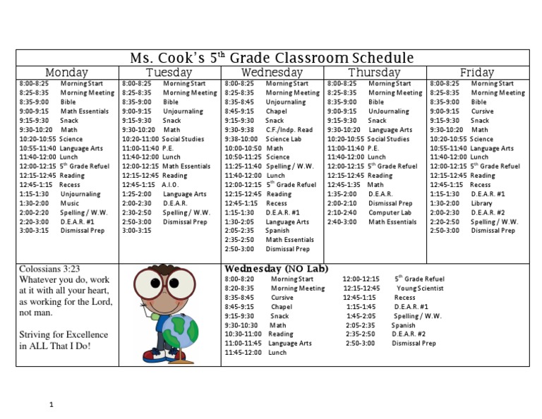 5th Grade Weekly Class Schedule | PDF